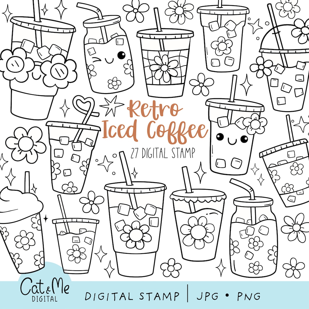 Retro Iced Coffee Digital Stamp Doodle Outline Coffee Png Coffee Cup ...