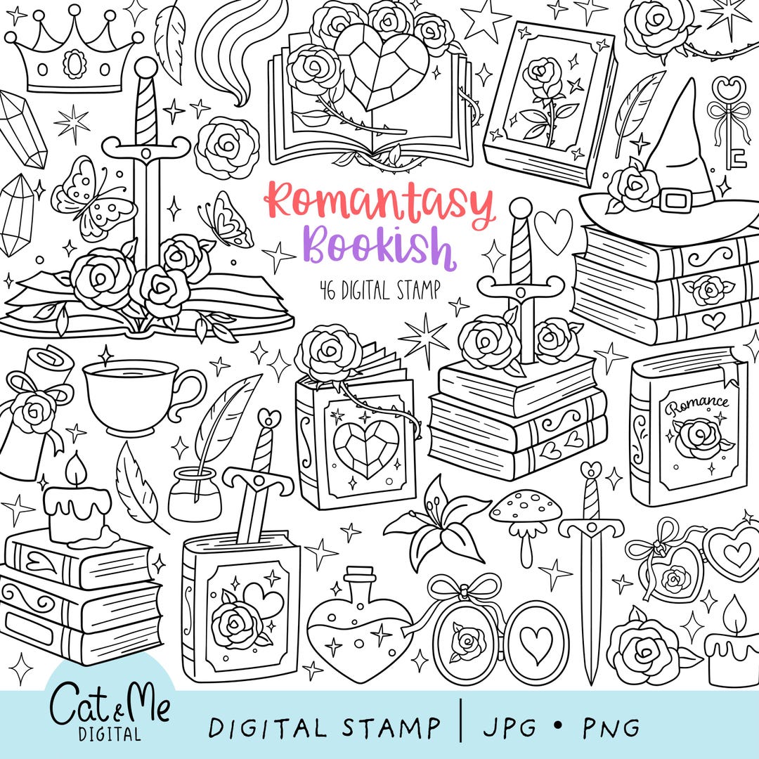 Romantasy Bookish Digital Stamp Doodle Fantasy Book Stamp Retro Bookish ...