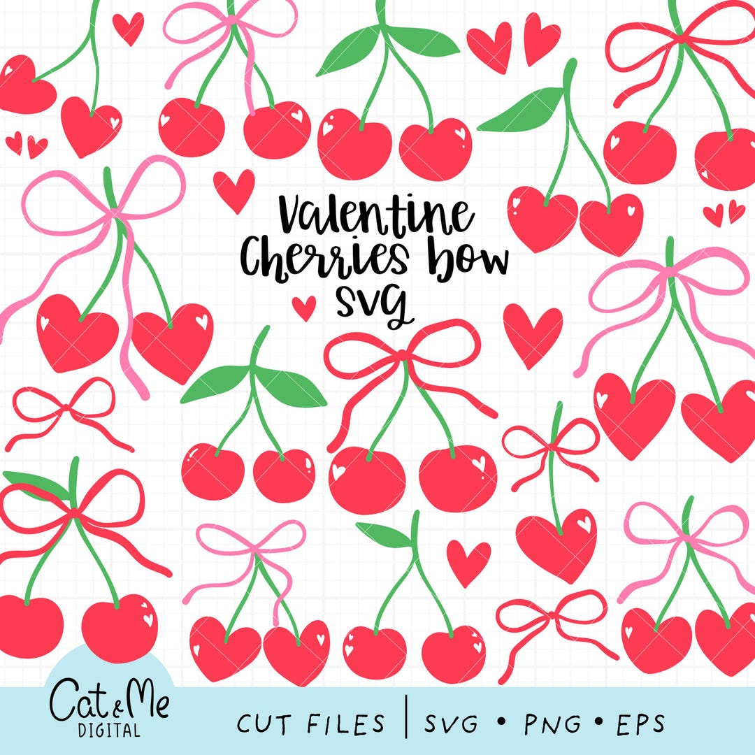 Valentine Cherry Heart Svg Retro Coquette Cherries Svg Whimsical Ribbon ...