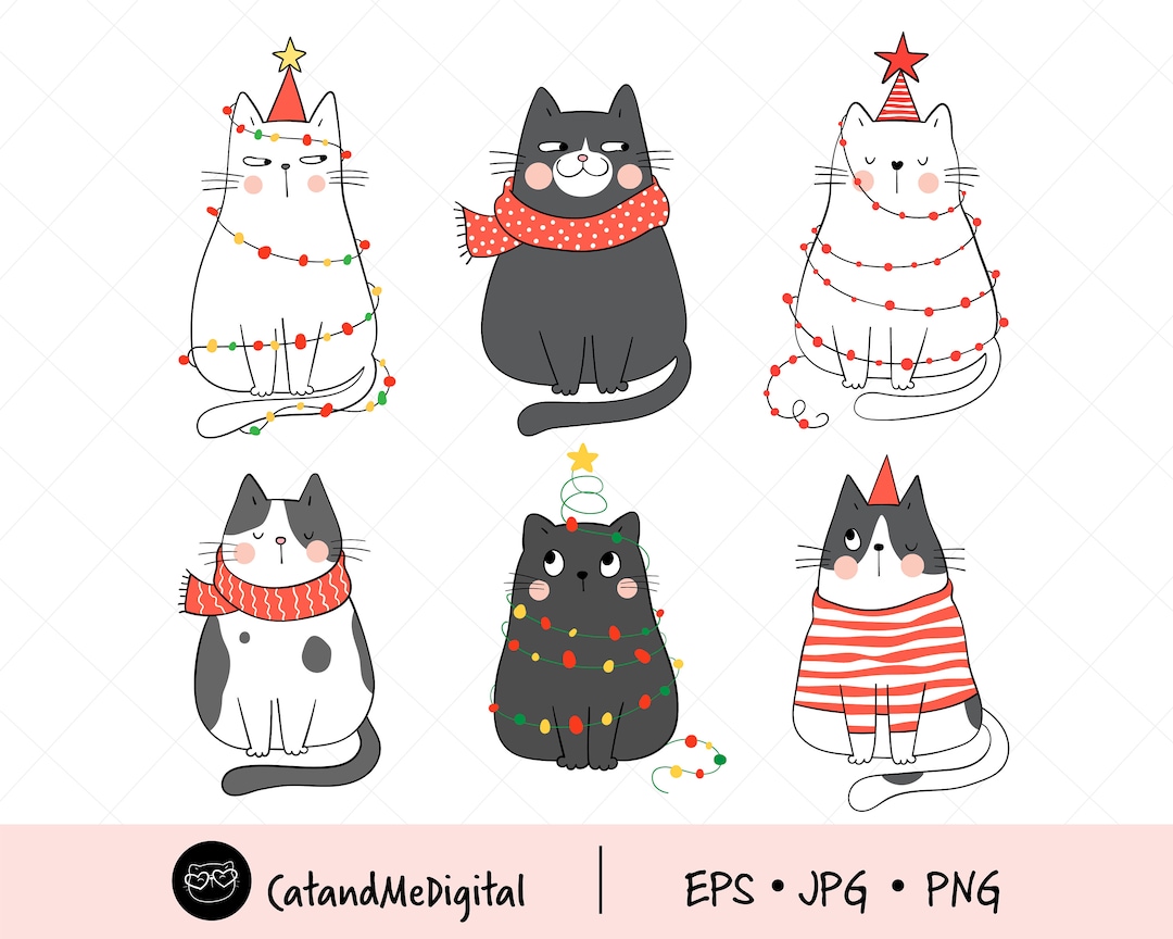 Christmas Cat Clip Art New Year Happy Cat Digital Download Funny Cats ...