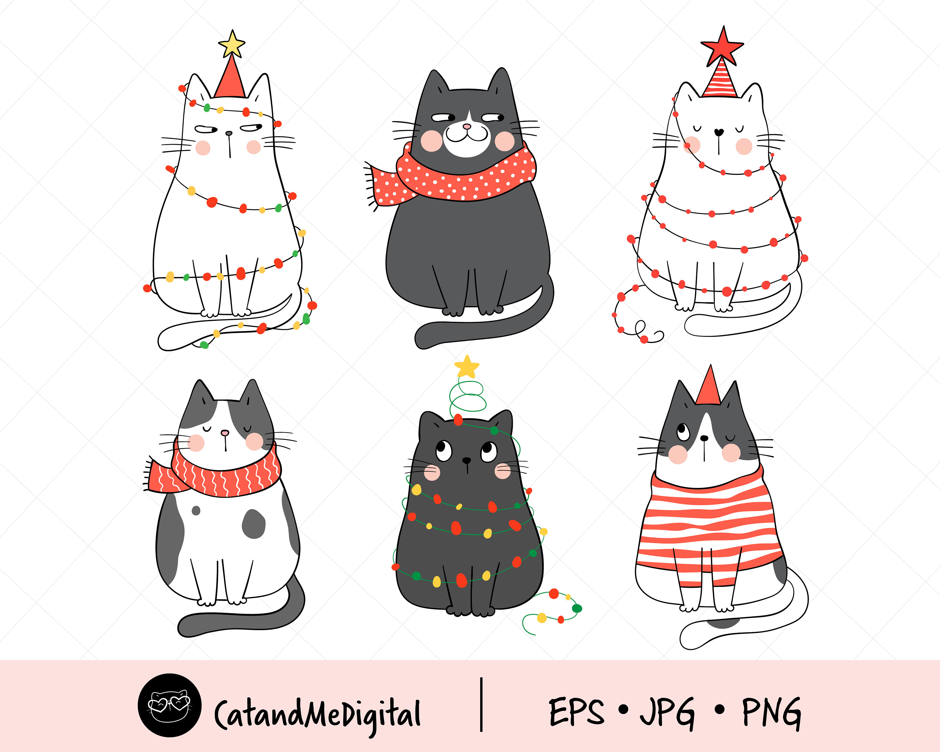 Christmas Cat Clip Art New Year Happy Cat Digital Download | Etsy