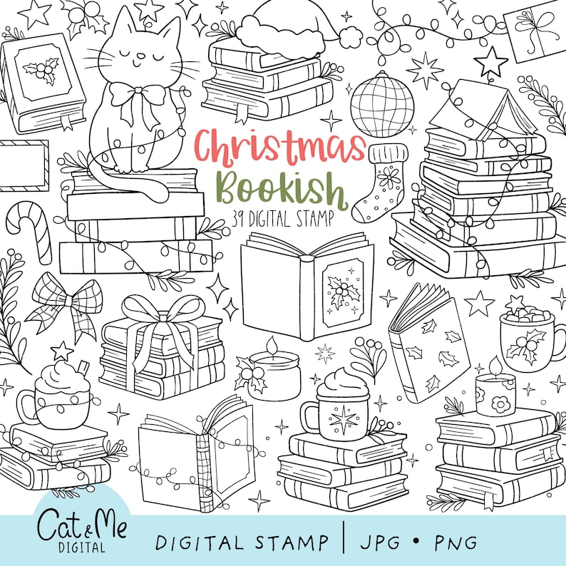 Christmas Bookish Digital Stamp Doodle Groovy Bookish Cozy Readers ...