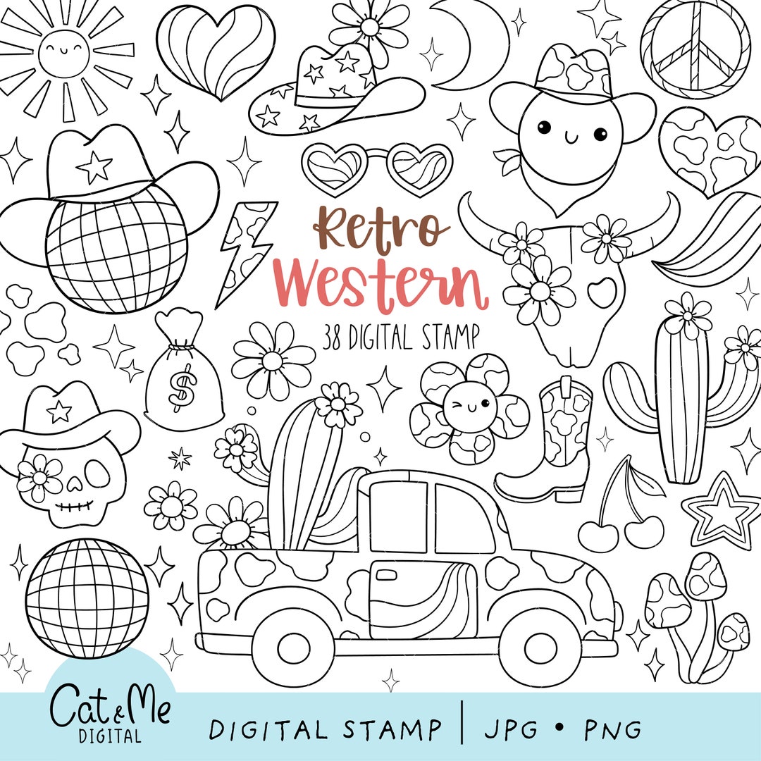 Retro Western Digital Stamp Doodle Groovy Cowboy Png Outline 70s Hippie ...