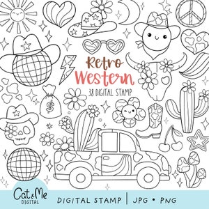 Retro Western Digital Stamp Doodle Groovy Cowboy Png Outline 70s Hippie ...
