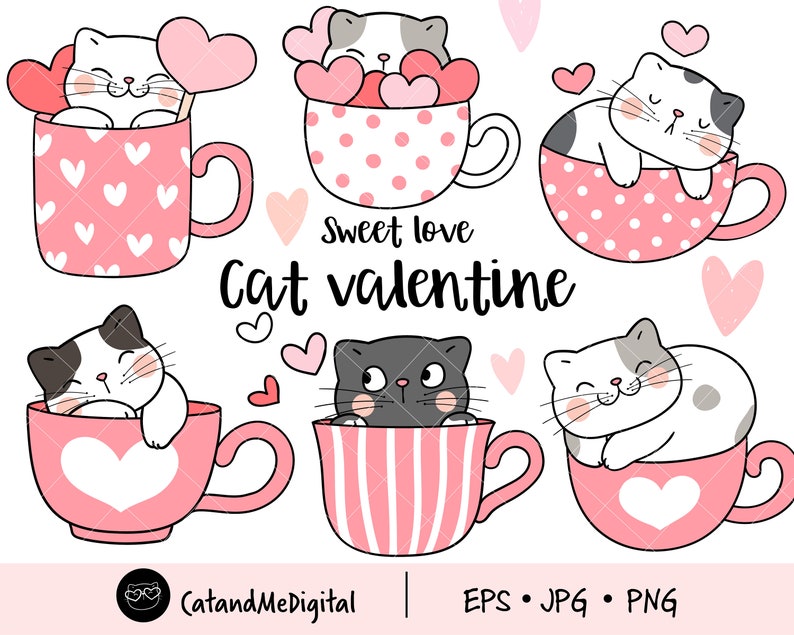 Sweet Cat Valentine Clipart Cup Coffee Png Cat Clipart Pet Valentine ...