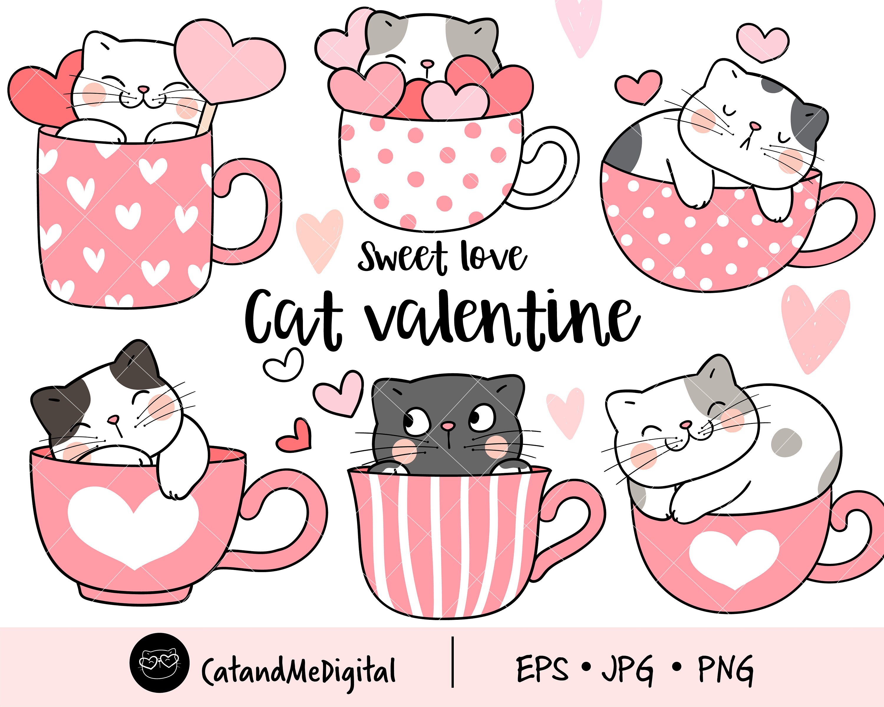 Sweet Cat Valentine Clipart Cup Coffee Png Cat Clipart Pet - Etsy