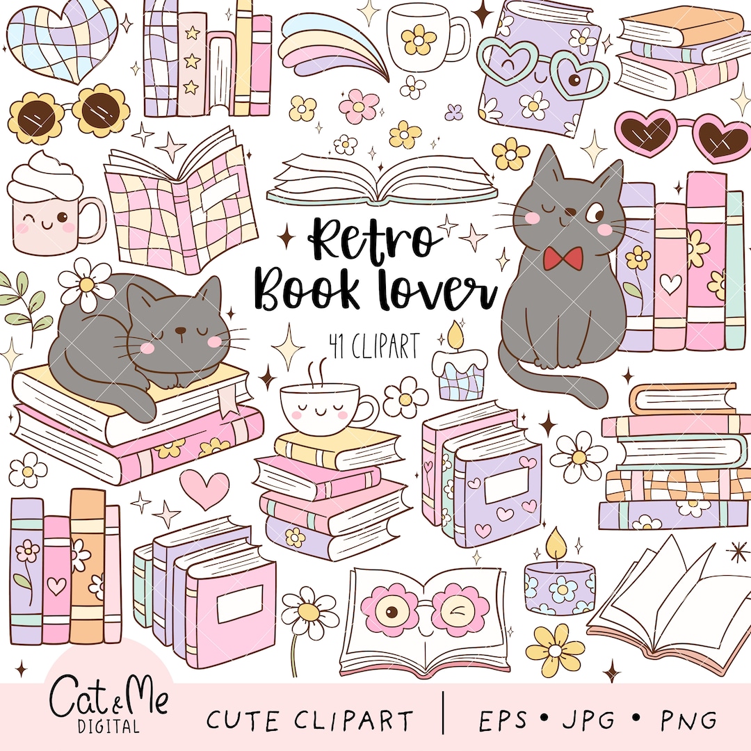 Retro Book Lover Clipart Groovy Disco Book Clipart Trendy Bookish ...