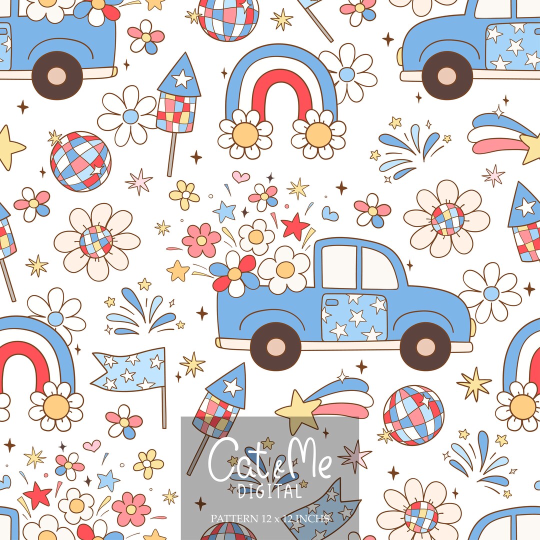Doodle Groovy Fourth of July Pattern Retro Patriotic Seamless Fourth of ...
