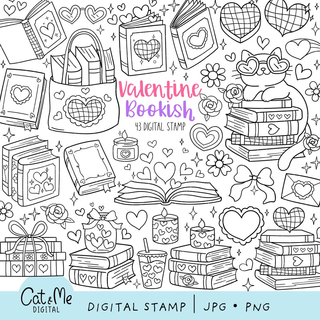 Valentine Bookish Digital Stamp Groovy Bookish Png Cozy Readers ...