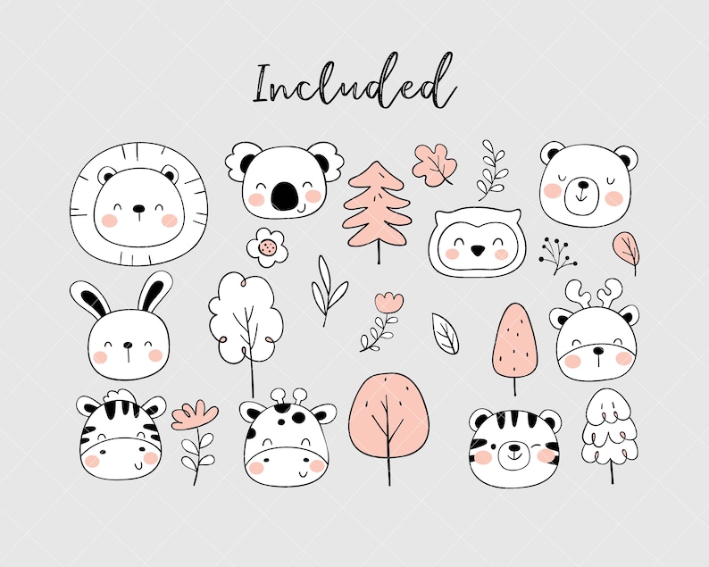 Doodle Animal Clipart Cute Nursery Woodland Animal Png Forest - Etsy