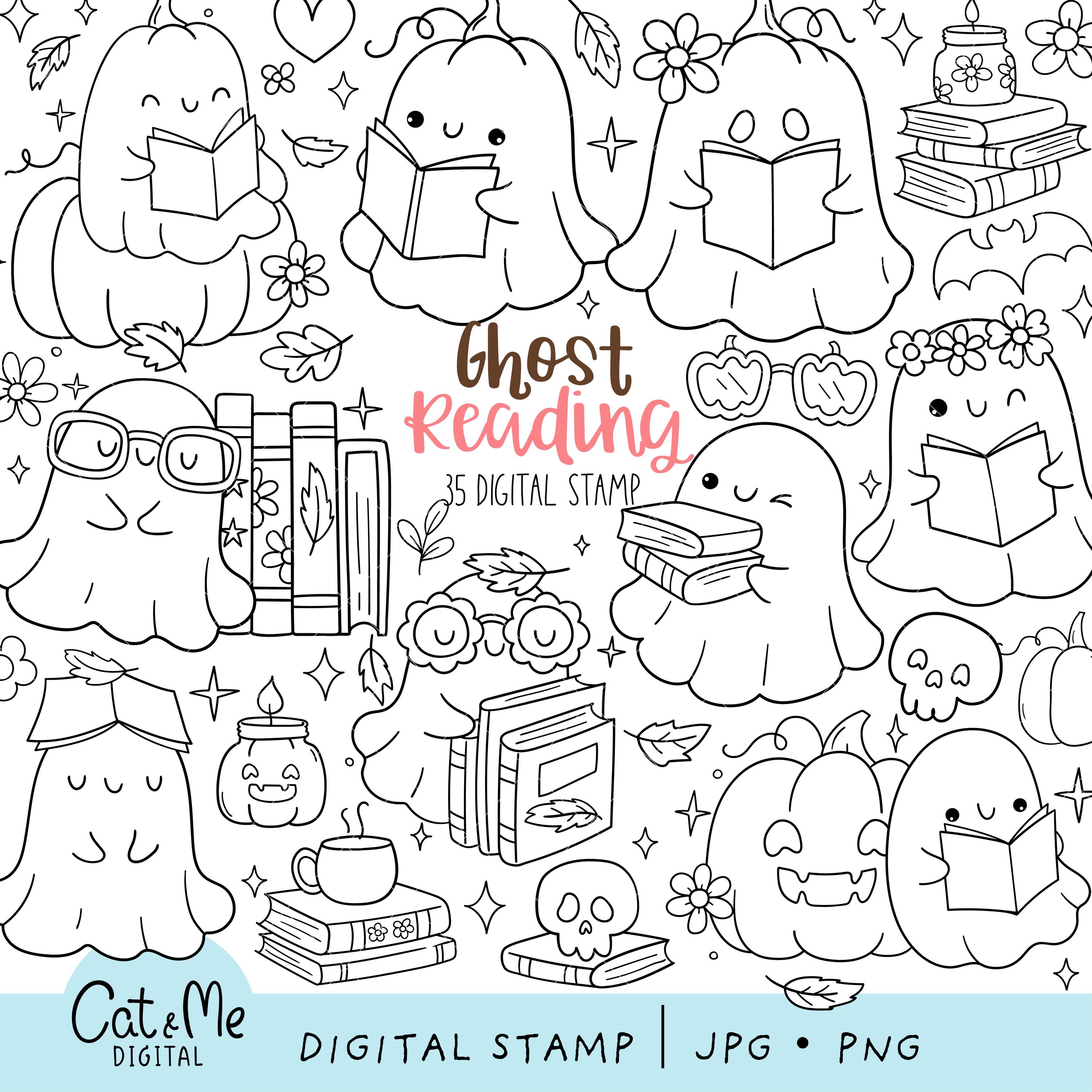 Ghost Reading Digital Stamp Outline Bookish Halloween Reading Fall ...