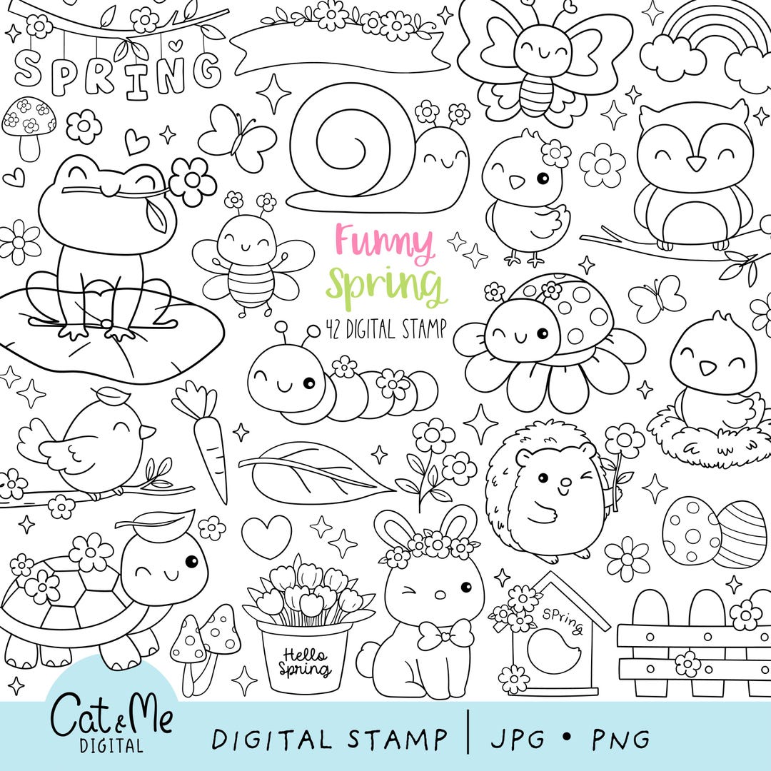 Doodle Animals Spring Digital Stamp, Outline Spring Flower, Kawaii ...