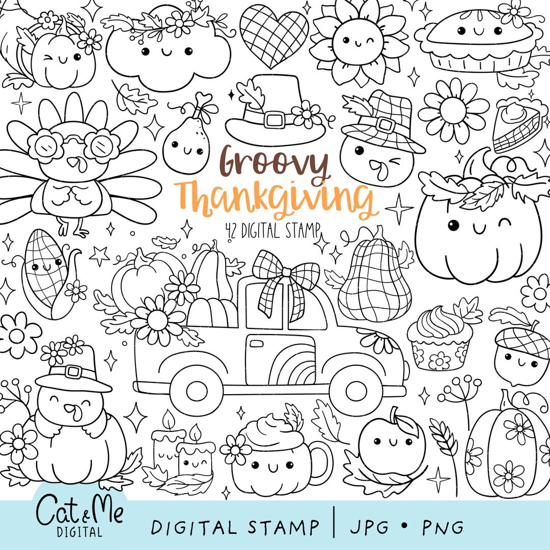 Groovy Thanksgiving Digital Stamp Outline Thanksgiving Day Doodle Fall ...