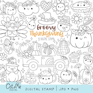 Groovy Thanksgiving Digital Stamp Outline Thanksgiving Day Doodle Fall ...