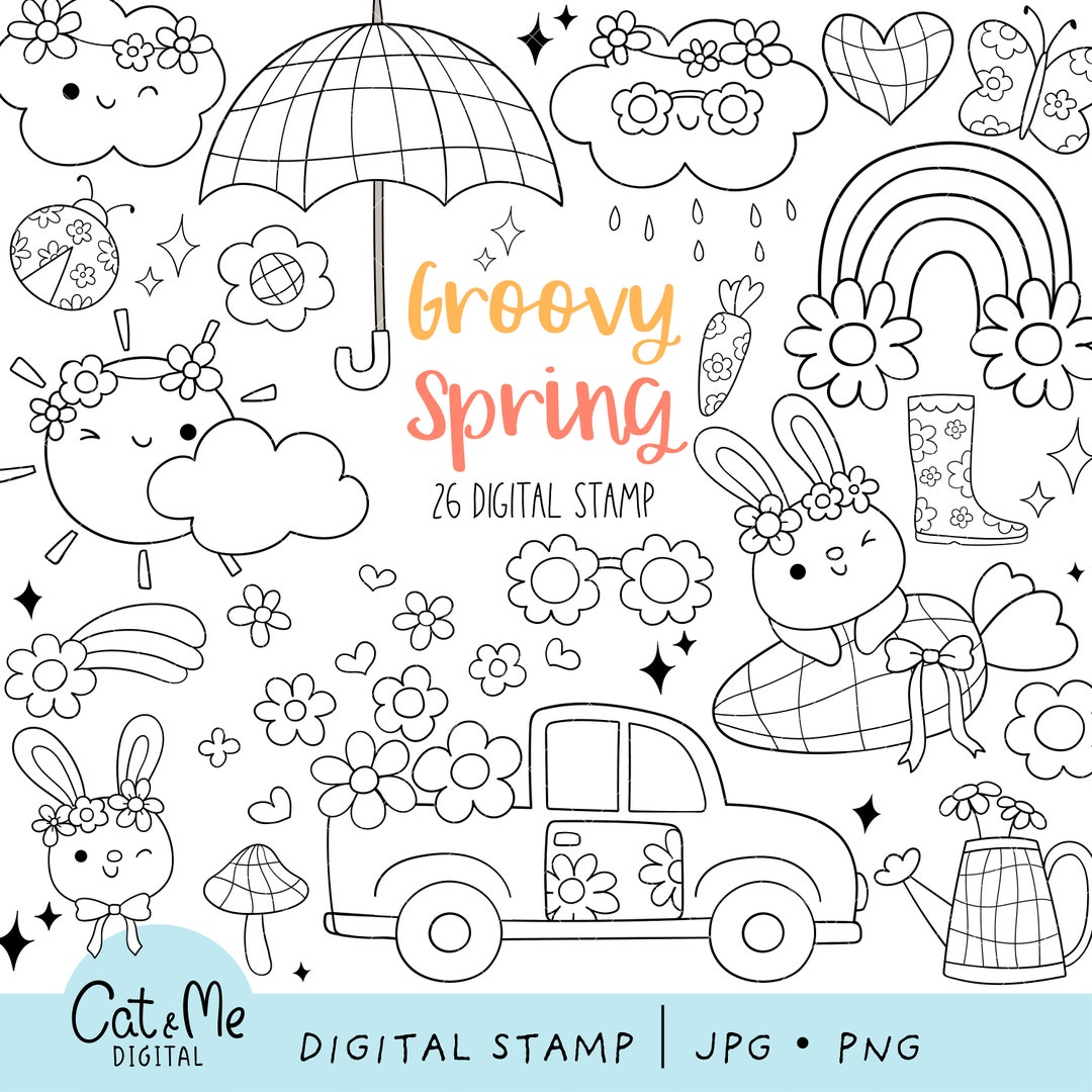 Groovy Spring Digital Stamp Doodle Outline Coloring Retro Spring ...