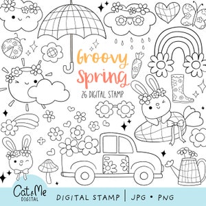 Groovy Spring Digital Stamp Doodle Outline Coloring Retro Spring ...