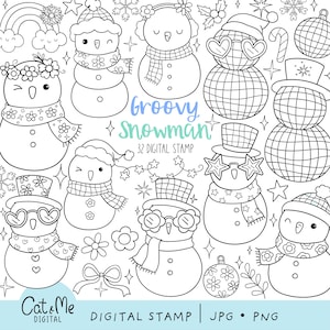 Doodle Snowman Digital Stamp Groovy Winter Coloring Christmas Stamp ...