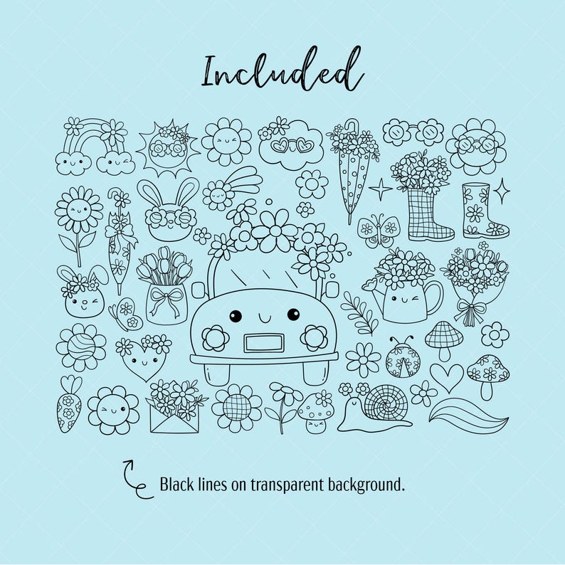 Doodle Flower Spring Digital Stamp Outline Spring Coloring Flower Power ...