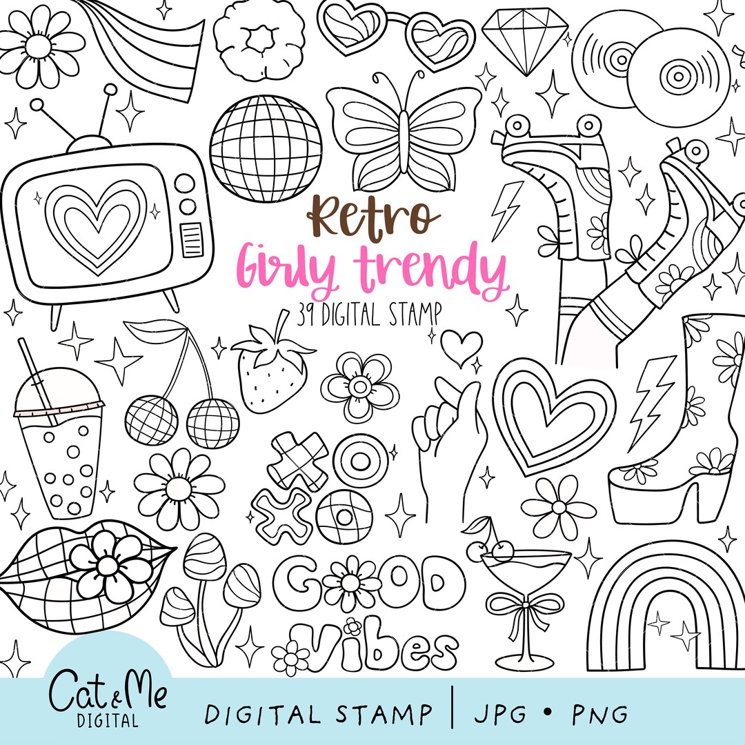Retro Girly Trendy Digital Stamp Outline Groovy Girl Stamp Doodle 70s ...