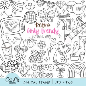 Retro Girly Trendy Digital Stamp Outline Groovy Girl Stamp Doodle 70s ...