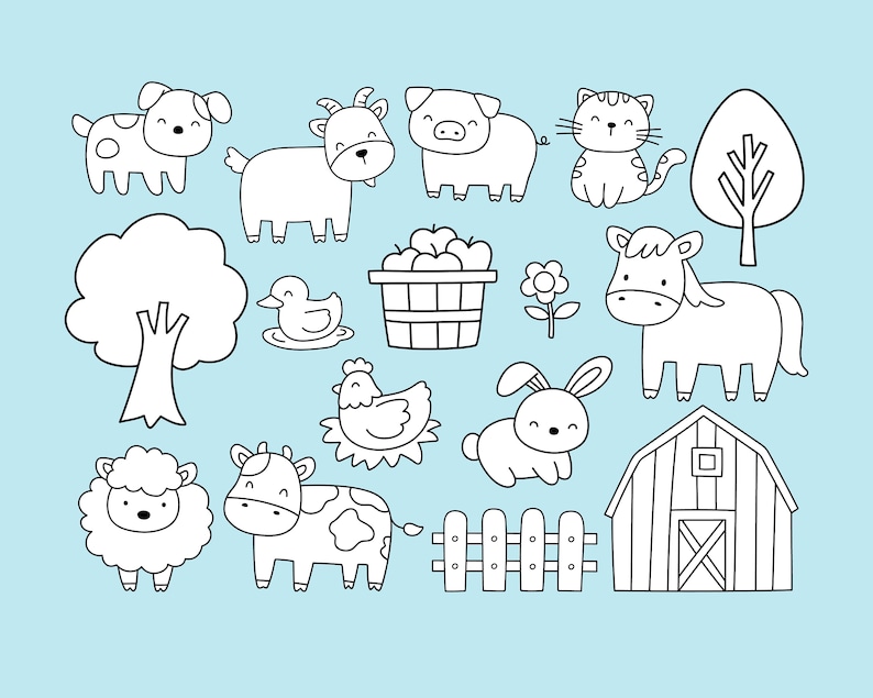 Farm Animal Digital Stamp Outline Animal Coloring Cute Farm | Etsy