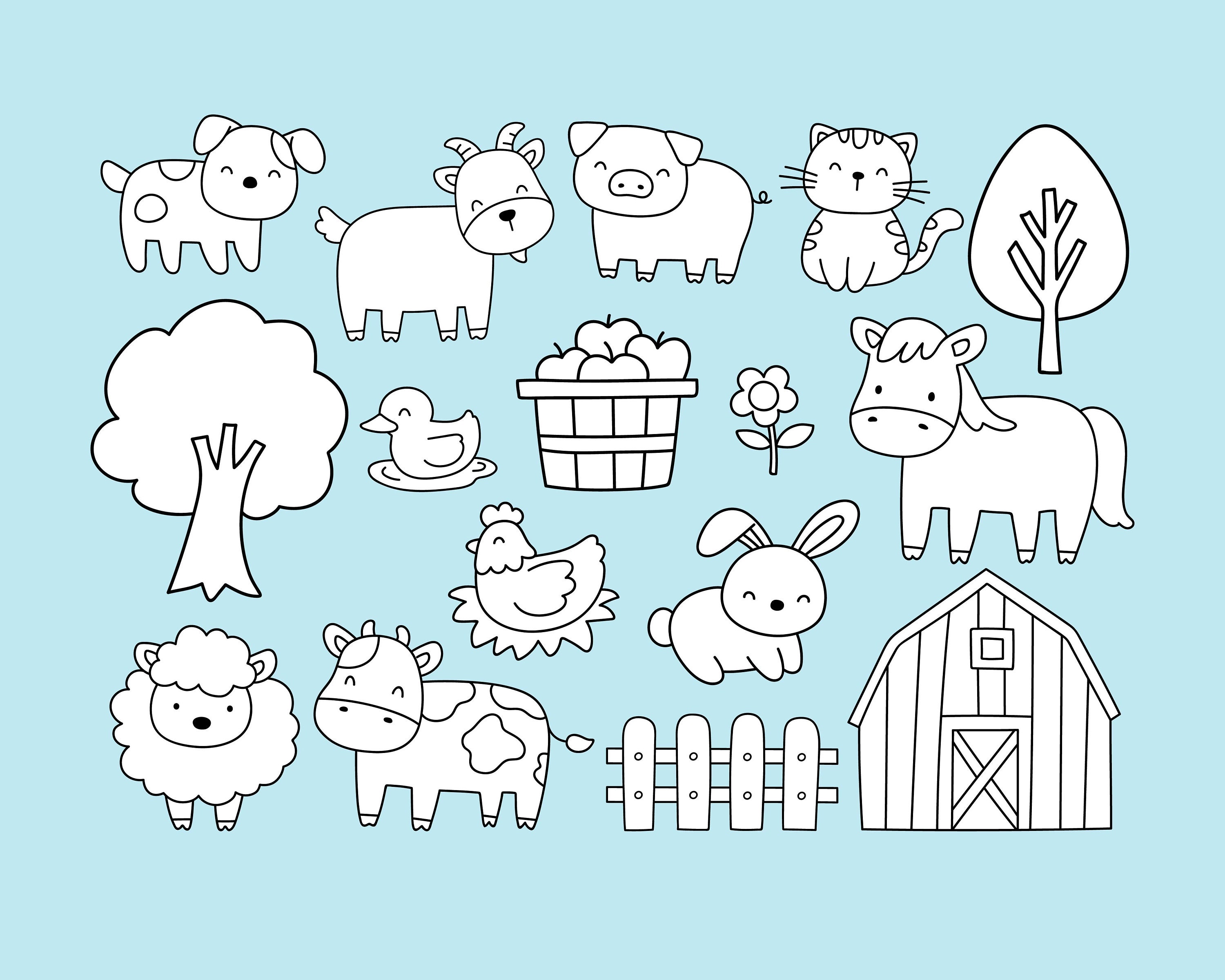 Farm Animal Digital Stamp Outline Animal Coloring Cute Farm | Etsy