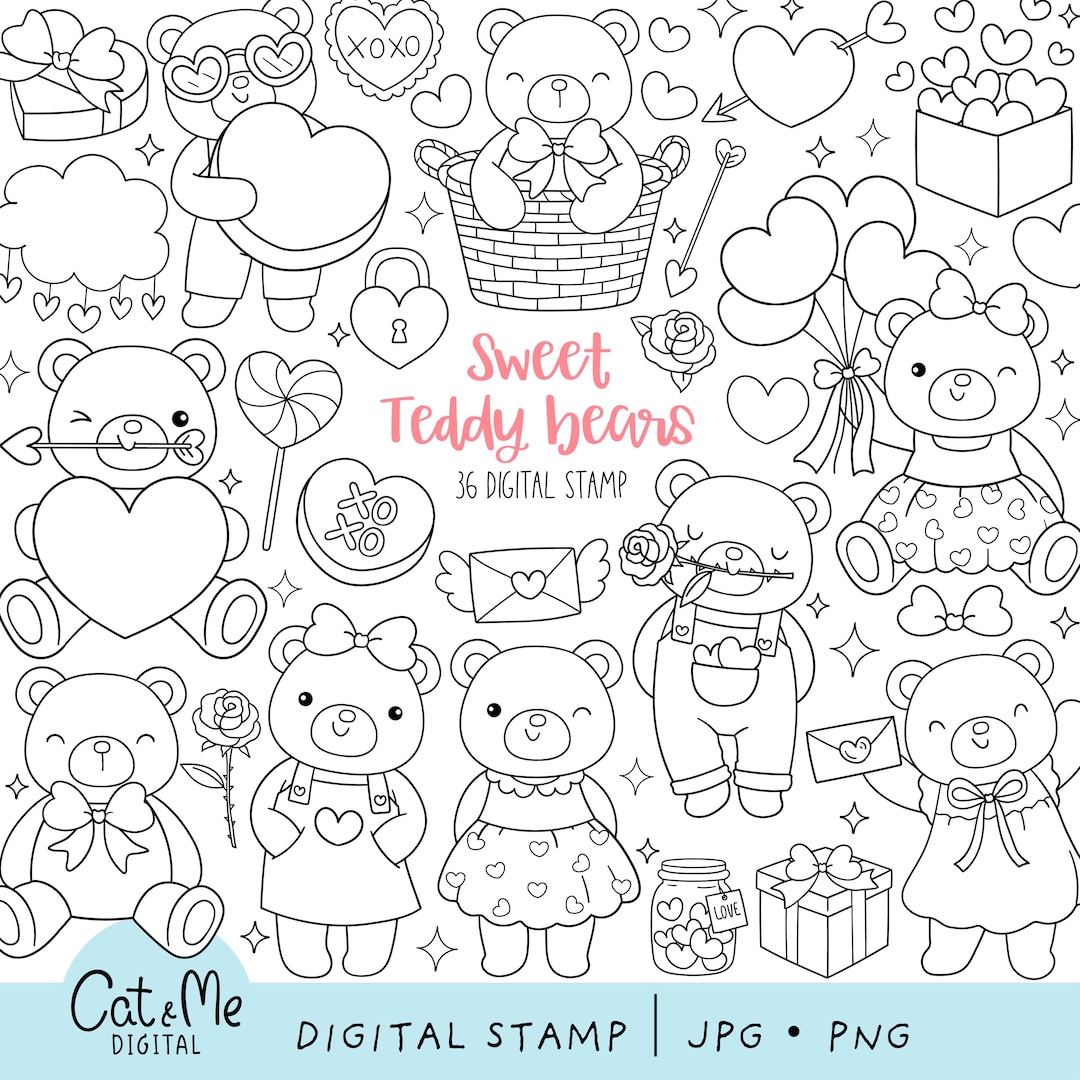 Sweet Teddy Bears Digital Stamp, Valentine’ Day Png, Doodle Love Bear ...