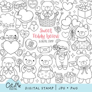Sweet Teddy Bears Digital Stamp, Valentine’ Day Png, Doodle Love Bear ...