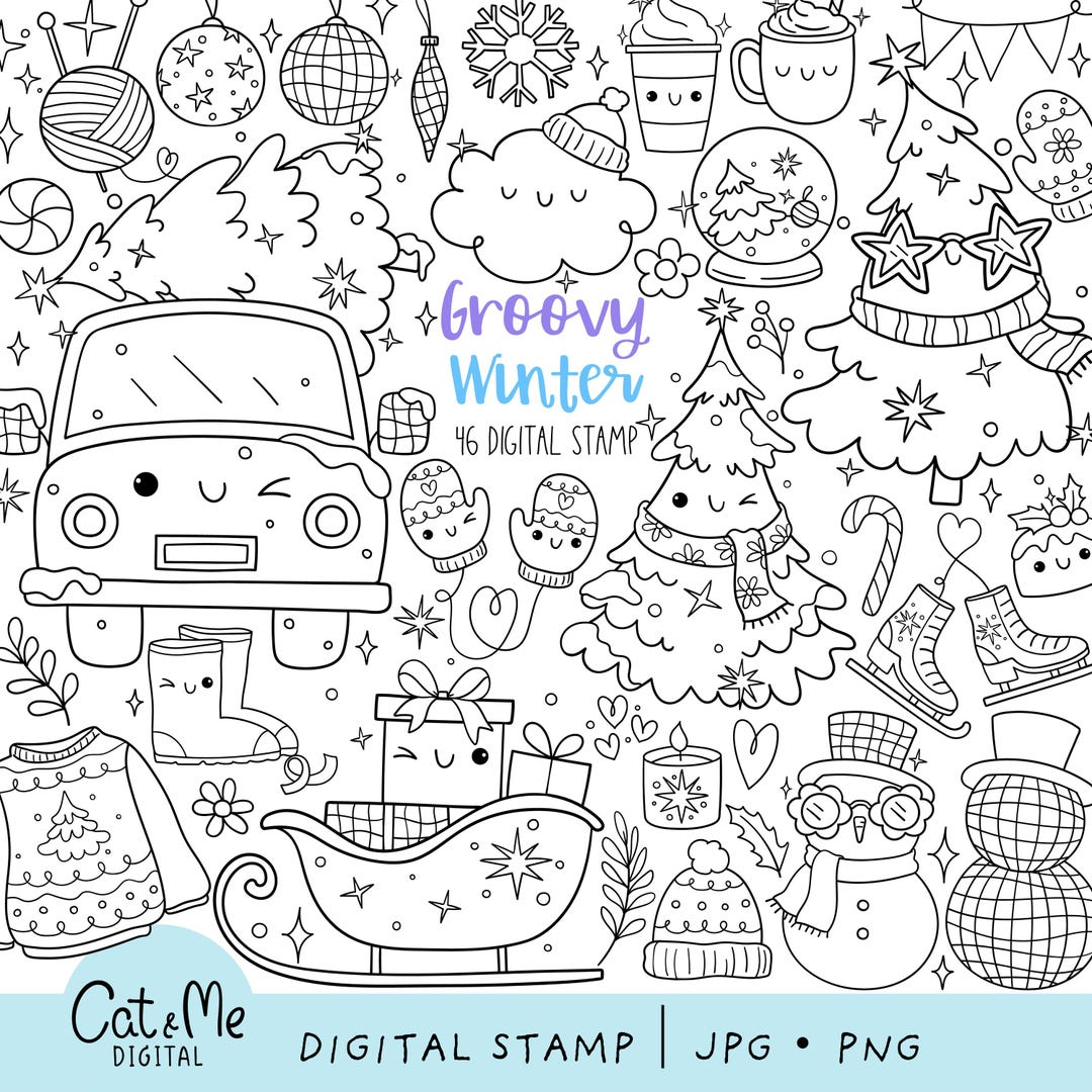 Groovy Retro Winter Digital Stamp Christmas Coloring Doodle Winter ...