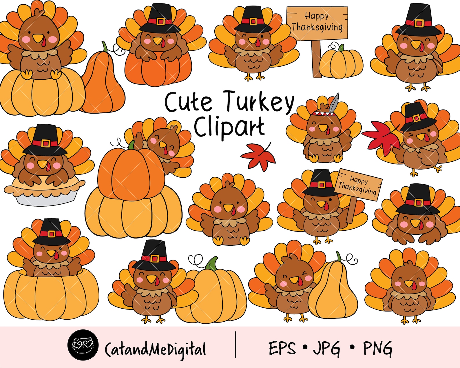 Cute Turkey Clipart Thanksgiving Clipart Autumn Clipart Fall - Etsy