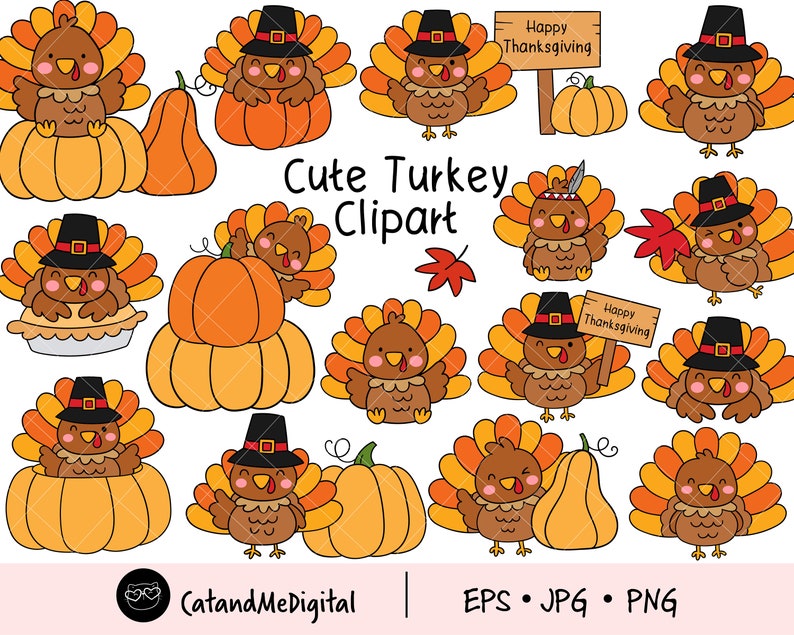 Cute Turkey Clipart Thanksgiving Clipart Autumn Clipart Fall - Etsy