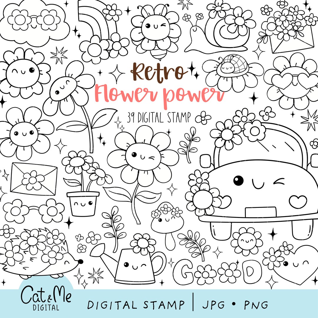 Retro Flower Power Digital Stamp Doodle Outline Groovy Flower Hippie ...