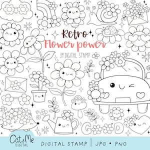 Retro Flower Power Digital Stamp Doodle Outline Groovy Flower Hippie ...