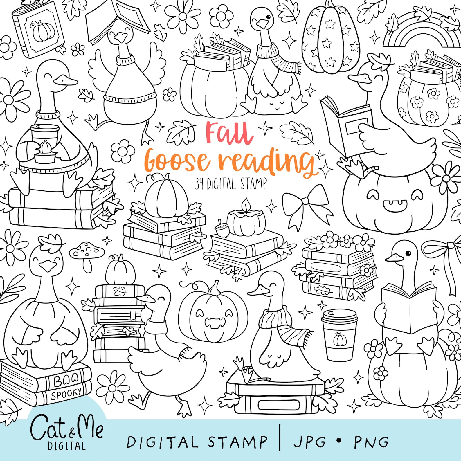 Fall Goose Reading Digital Stamp Autumn Goose Stamp Autumn Bookish Cozy ...