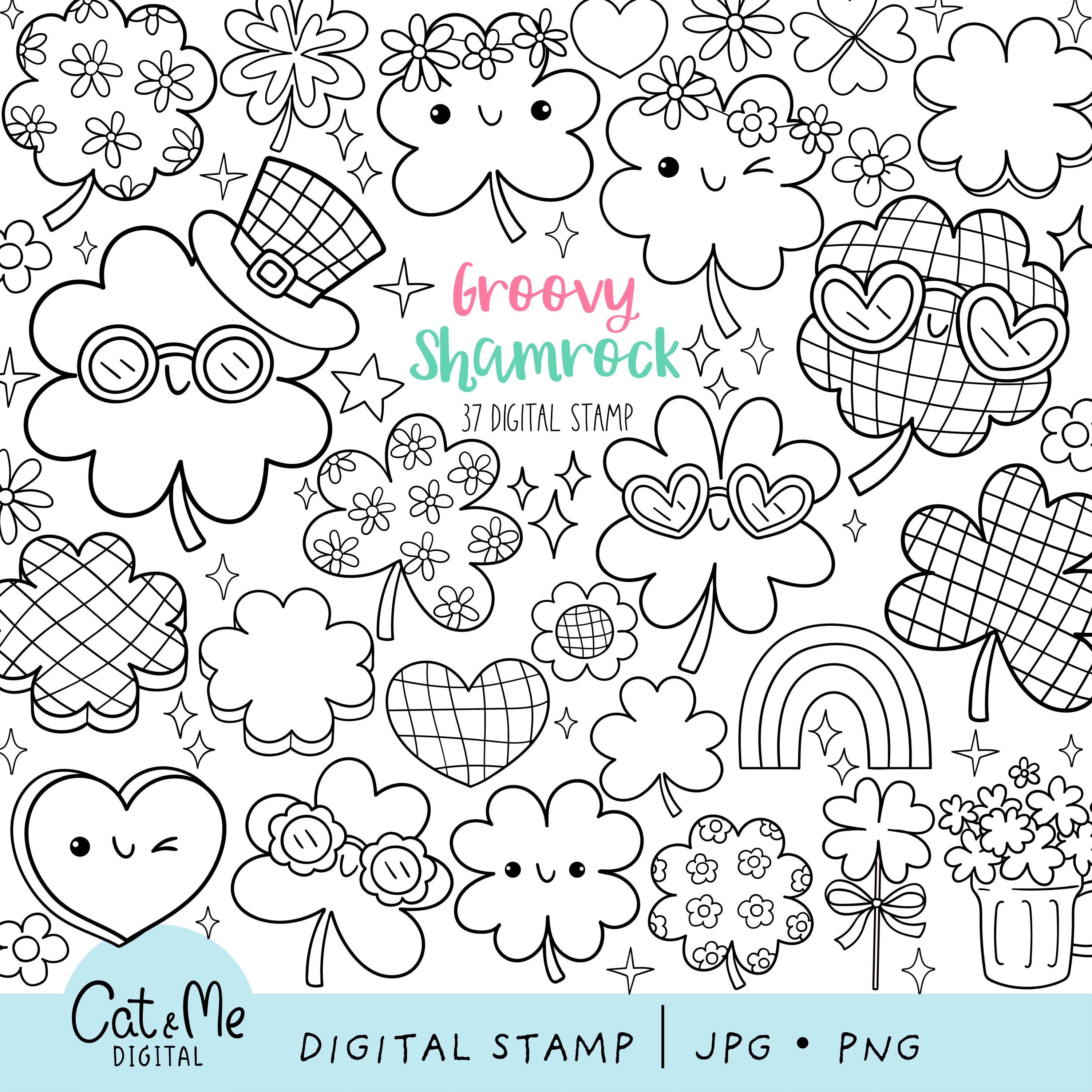 Doodle Groovy Shamrock Digital Stamp Outline Clover Coloring Disco ...