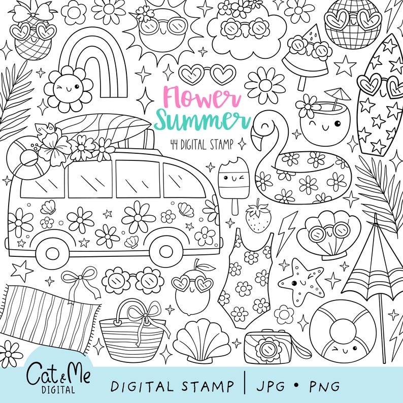 Doodle Flower Summer Digital Stamp Groovy Summer Stamp Outline Beach ...