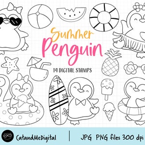 Summer Penguin Digital Stamp Beach Penguin Clipart Summer Line Art ...