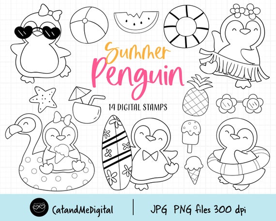 Summer Penguin Digital Stamp Beach Penguin Clipart Summer Line | Etsy