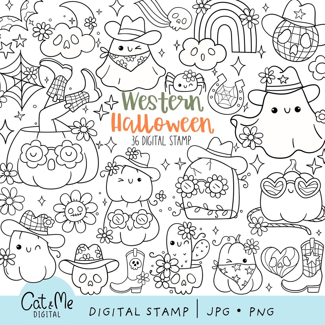Groovy Western Halloween Digital Stamp Doodle Cowboy Coloring Retro ...