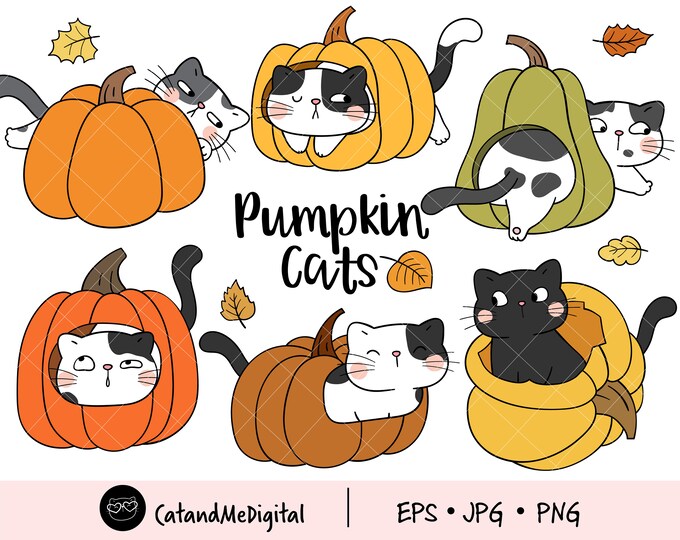 Fall Cat Clipart, Cute Autumn Cats Clipart, Cat Clip Art, Fall Cat ...