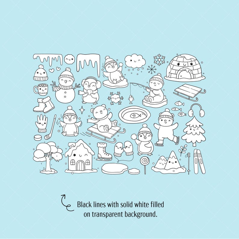 Doodle Snow Day Digital Stamp, Cozy Coloring, Outline Winter Things ...