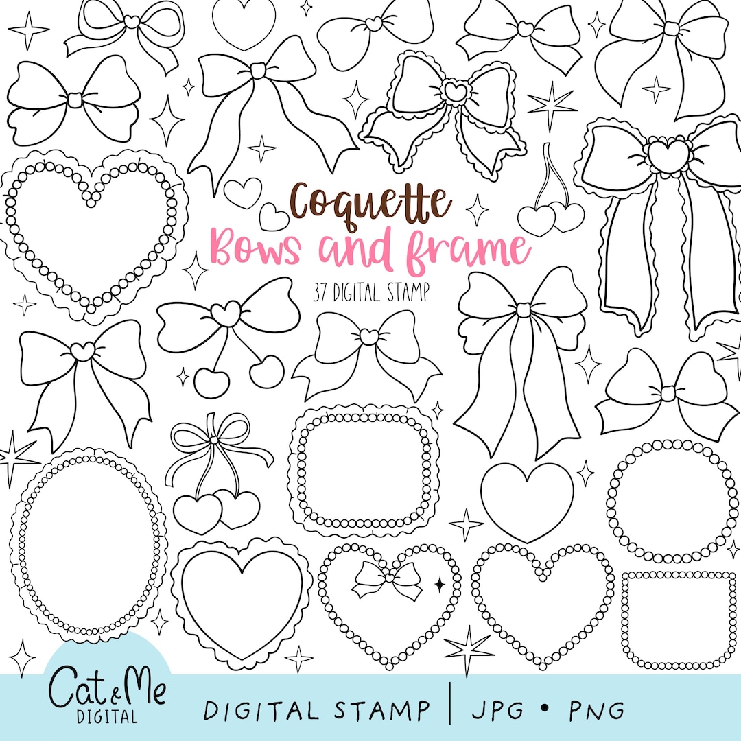 Doodle Coquette Bows Digital Stamp Outline Bow Frame Coloring Whimsical ...