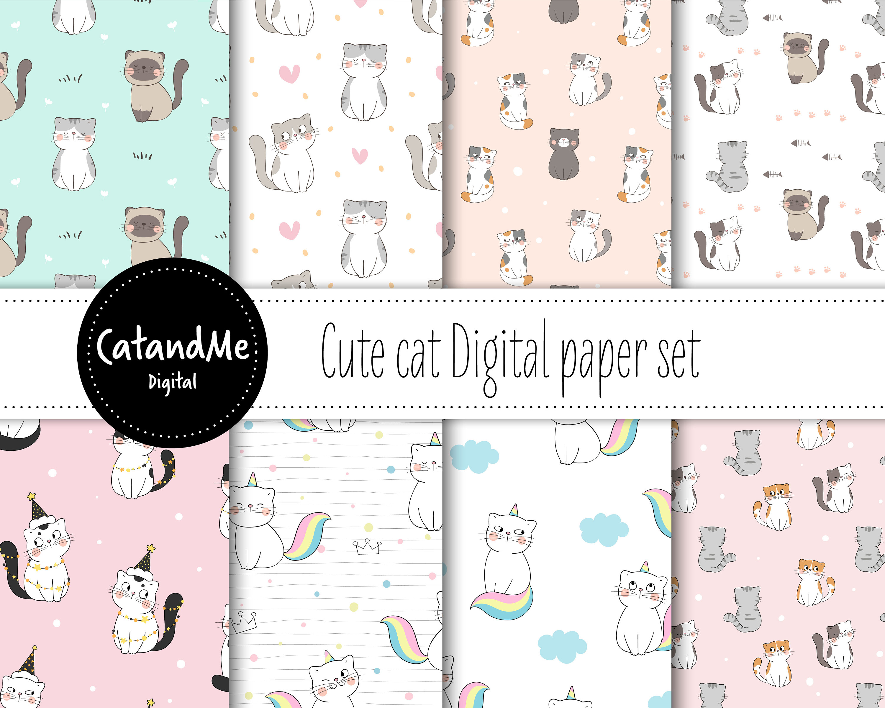 Cat digital paper set Kitten patterns for fabric print | Etsy