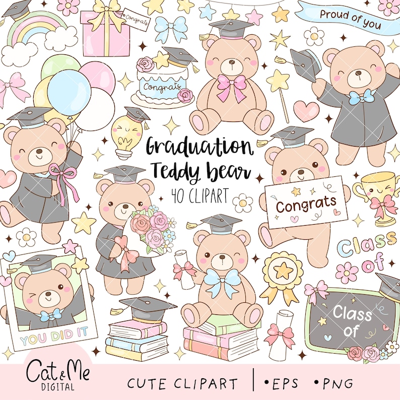 Graduation Teddy Bear Clipart, School Decor, Party PNG (digital ...