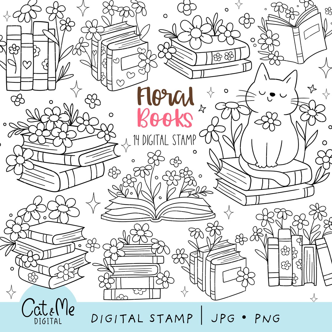 Floral Book Digital Stamp Doodle Book With Flowers Png Bookish Coloring ...