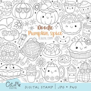 Doodle Pumpkin Spice Digital Stamp Autumn Treats Coloring Outline ...