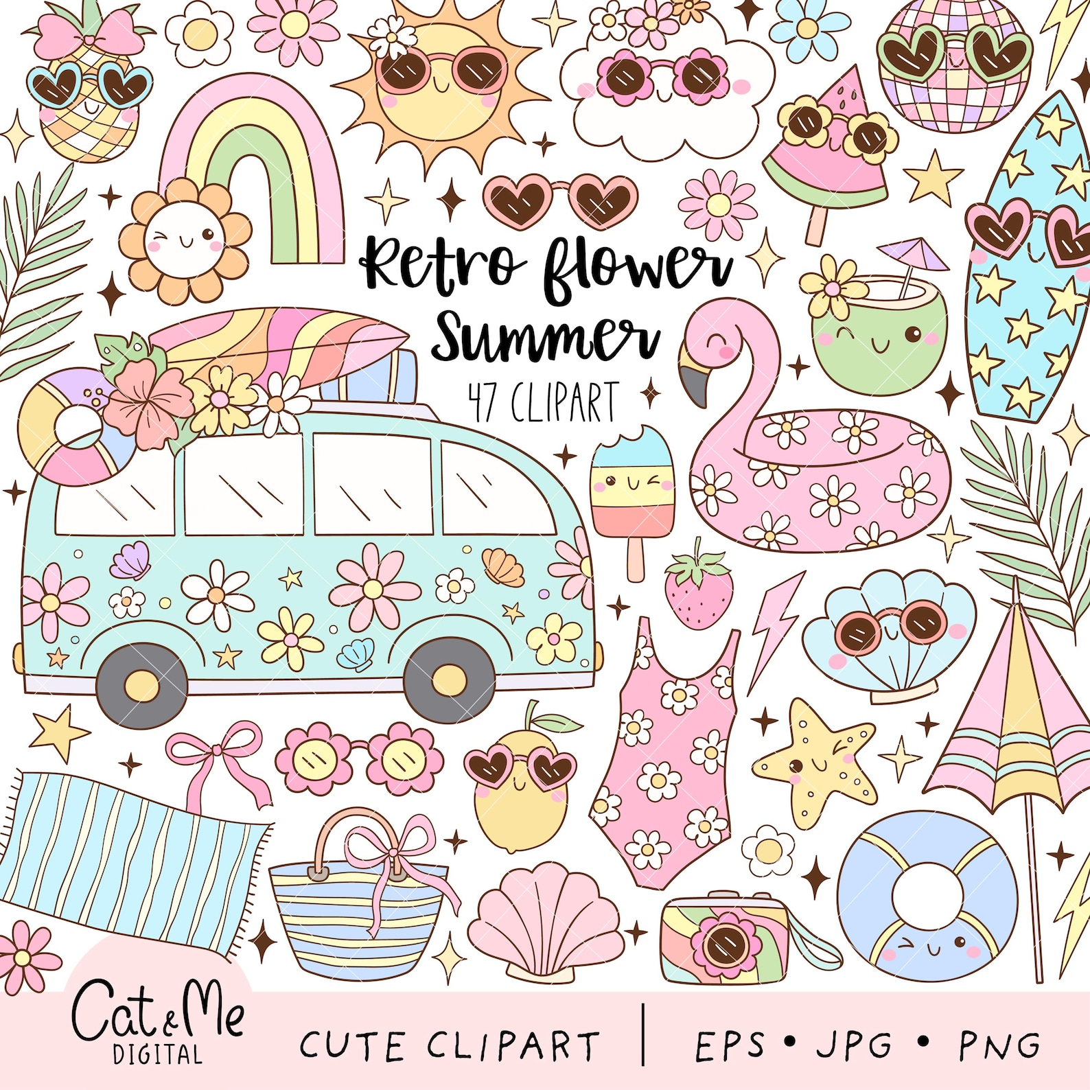 Retro Summer Clipart: Groovy Beach & Floral PNG Set (47 Files) - Etsy