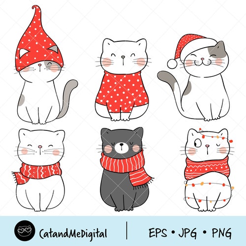 Christmas Cat Doodle Digital Download Clipart Merry - Etsy