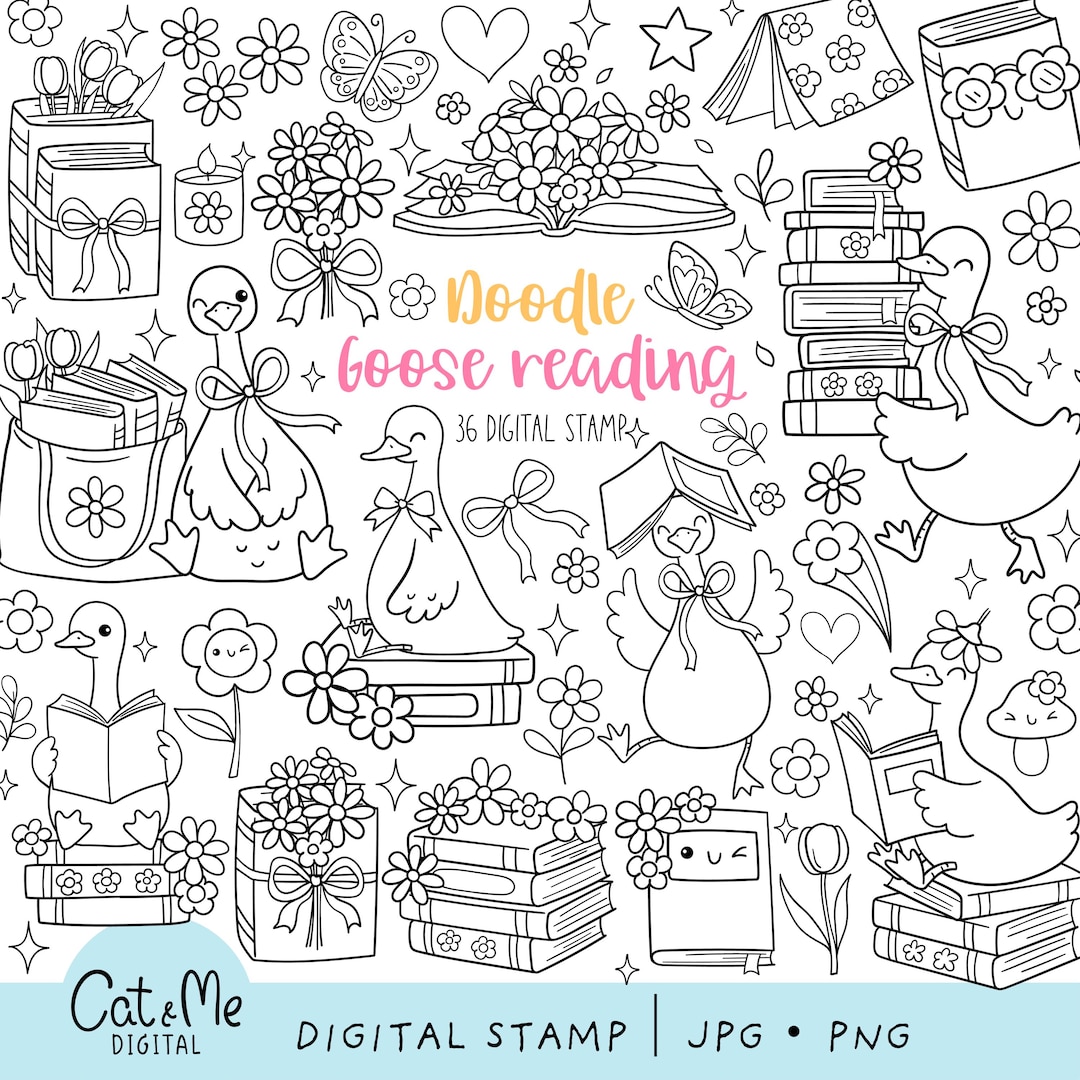 Doodle Silly Goose Reading Digital Stamp Outline Spring Bookish Book ...