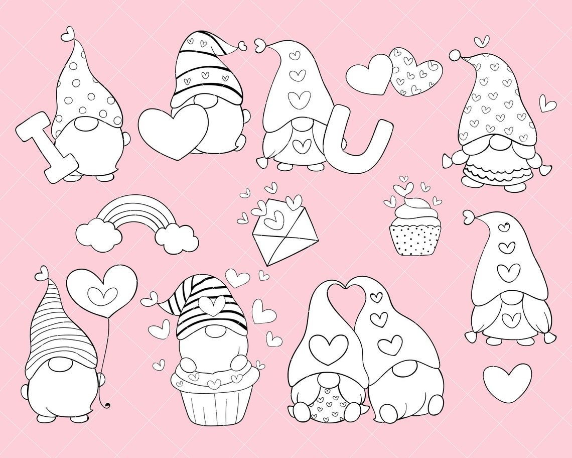 Valentine Gnome Digital Stamp Gnome clipart Gnomes outline | Etsy